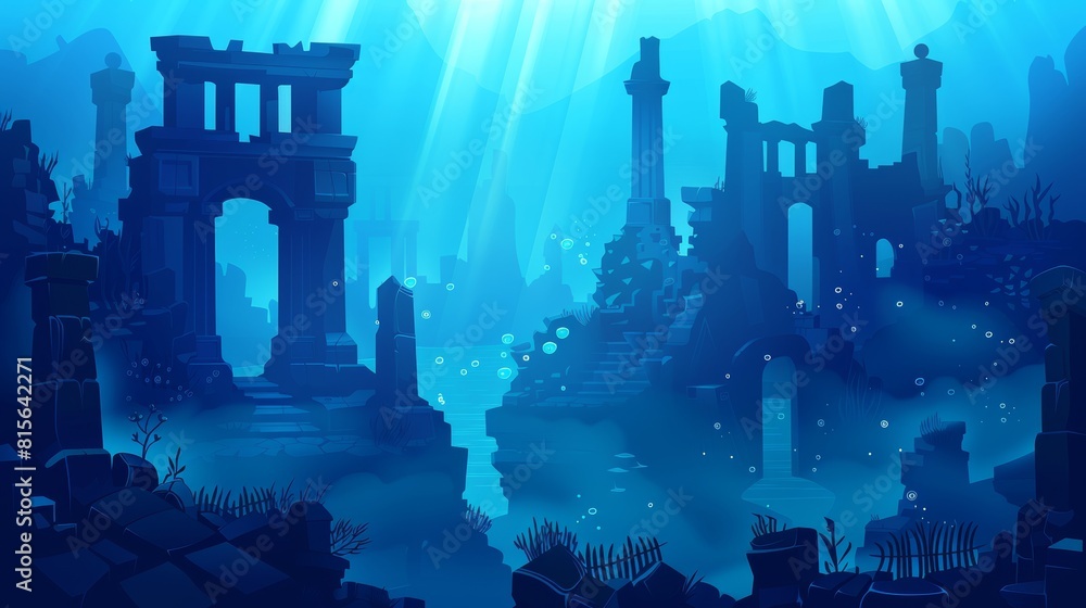 Sea bottom landscape with sunken old stone monuments, modern cartoon ...