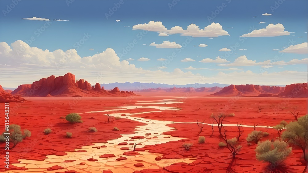 Paint a picture with words of a red desert landscape, blistering under ...