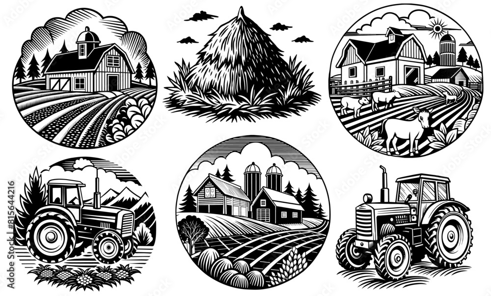 Farm scene captured in a circular vintage linocut style logo, featuring ...