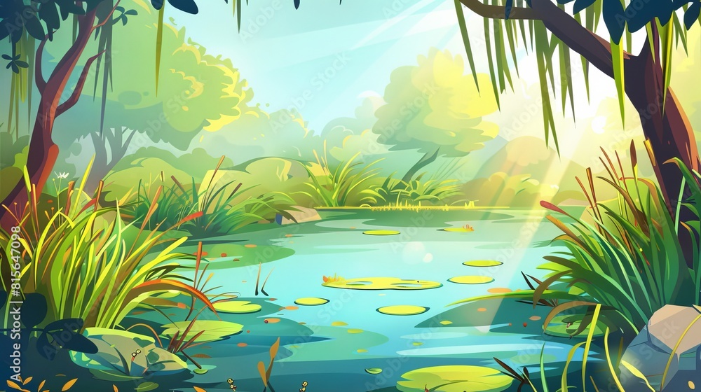 Cartoon modern illustration of a swamp with long grass and reeds in a ...