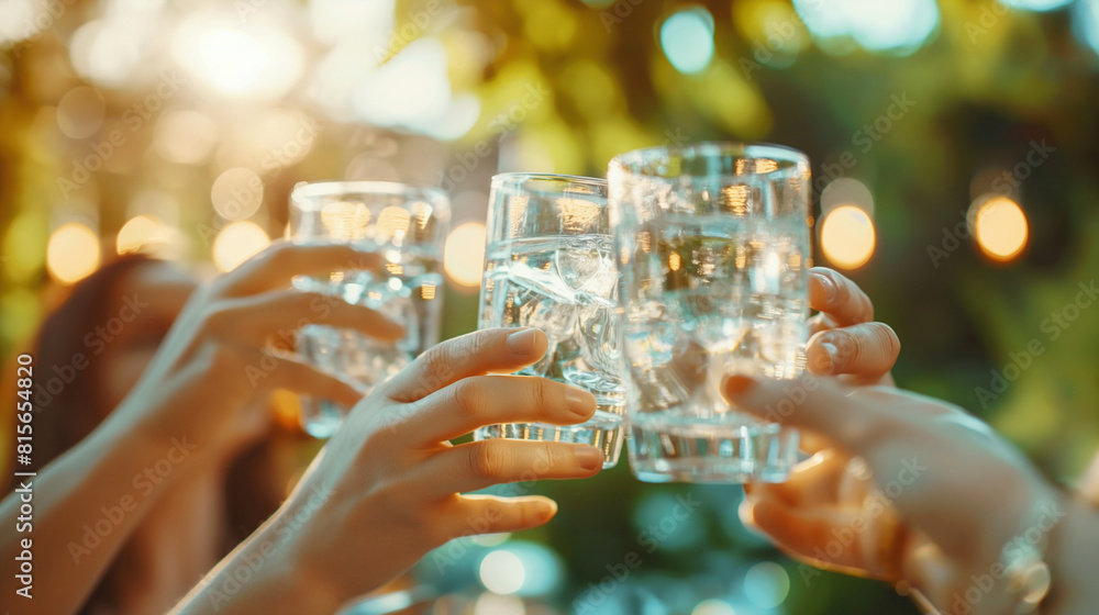 An emotive image of a person raising a glass of clean water in a toast to health and happiness ...