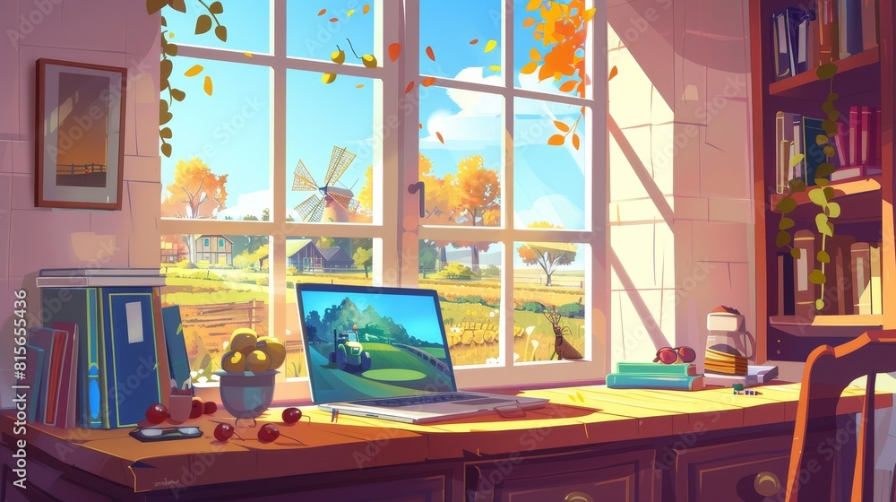 An illustration of a rural house room interior with a computer, blue ...