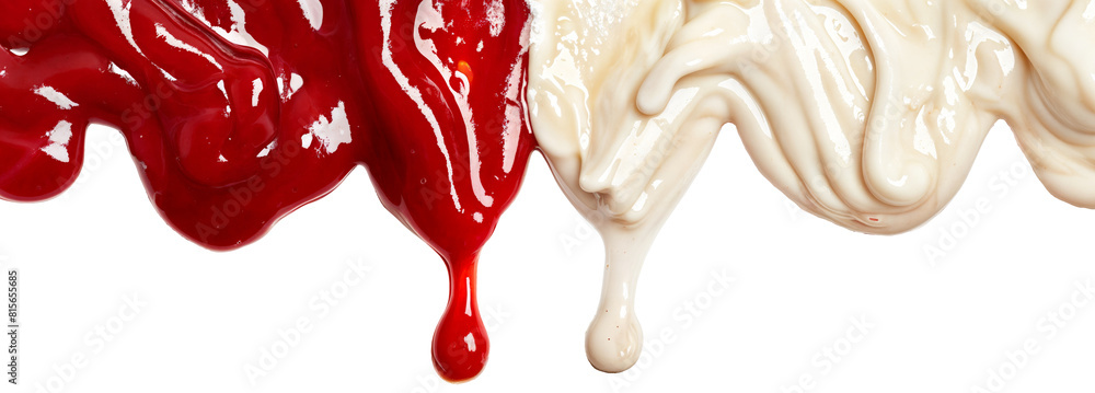 Red ketchup and white mayonnaise dripping down next to each other ...