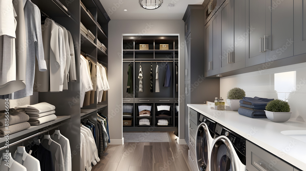 walk in closet and laundry room with staging and stainless appliances ...