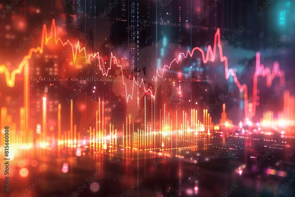 Depiction of a global map background with superimposed stock market ...