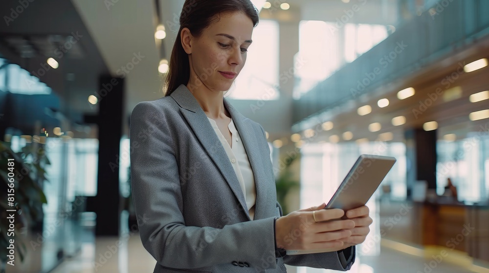 A business professional utilizes smart business software on a desktop ...