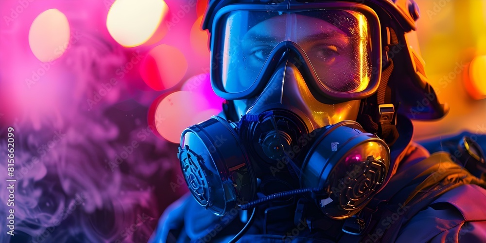Police officer in gas mask inspects chemical spill for hazardous ...