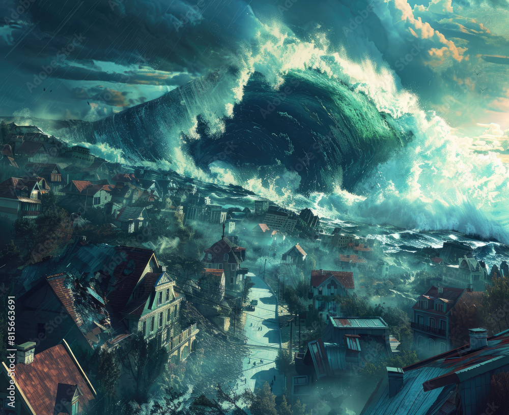 Digital artwork of a massive tsunami engulfing a city during an ...