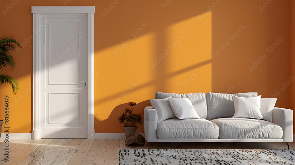 Orange living room and orange wall background light grey sofa and ...