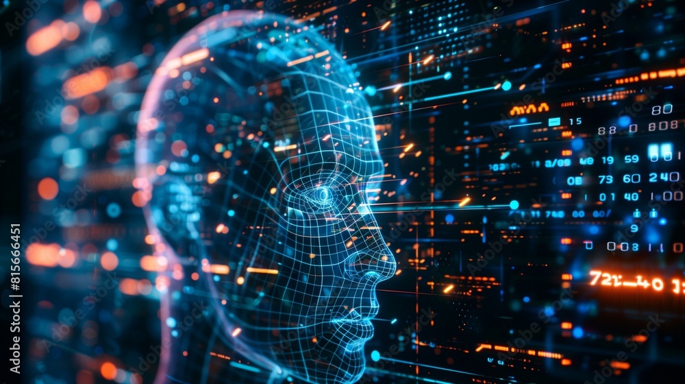 Ai-powered cyber attack, glowing blue head of ai cyborg on dark ...