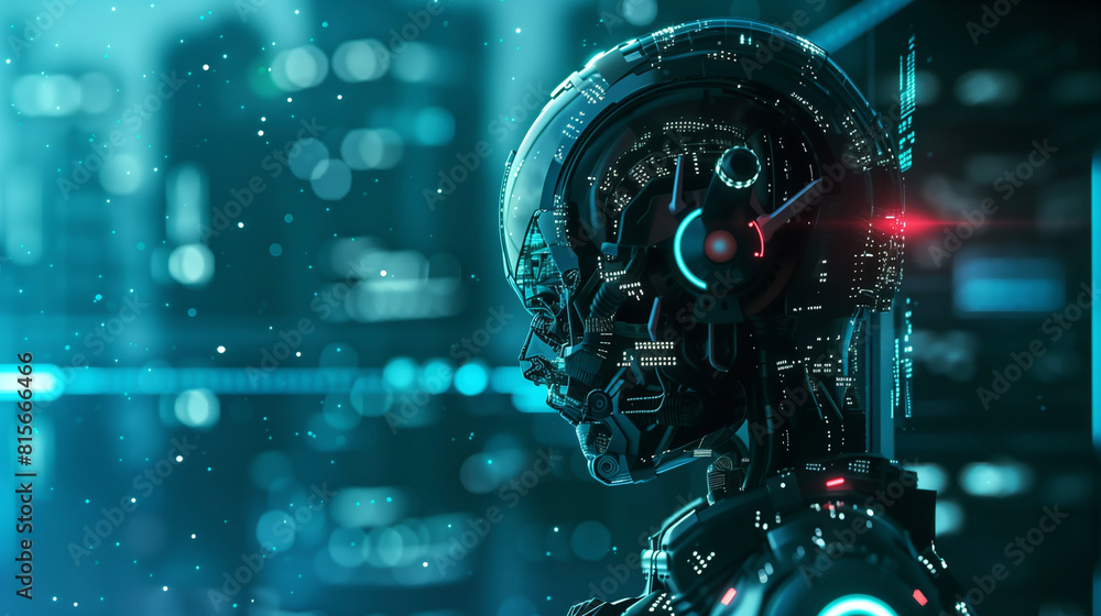 Ai-powered cyber attack, female cyborg shown in profile against blue ...