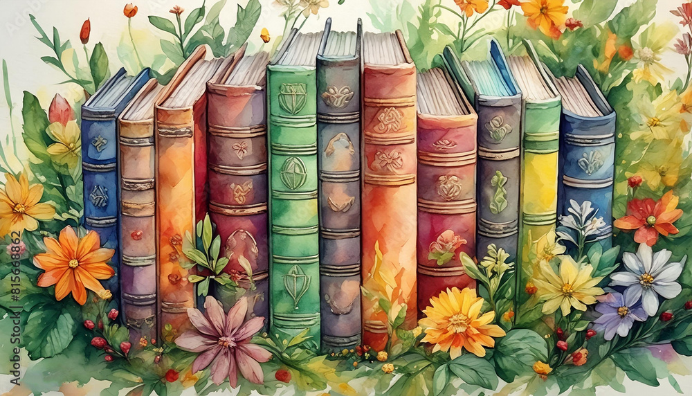 Watercolor image of a set of colorful books for children's ...