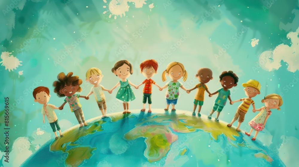 An adorable cartoon image of diverse children holding hands around the ...