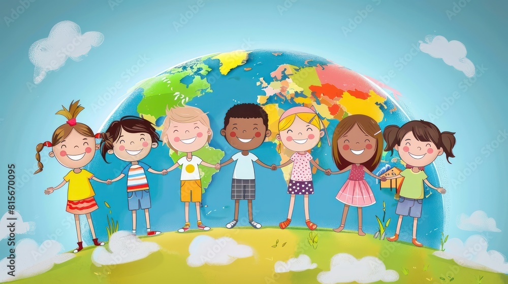 An adorable cartoon image of diverse children holding hands around the ...