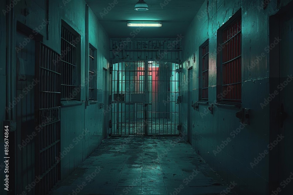 Nighttime in a prison cell, with only the dim light from the hallway ...