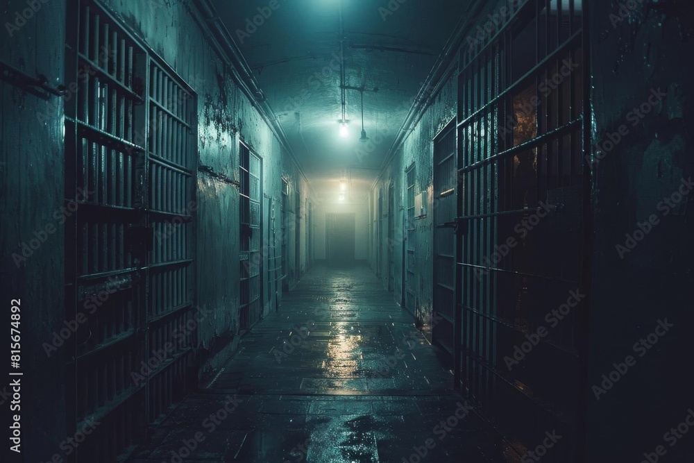Nighttime in a prison cell, with only the dim light from the hallway ...