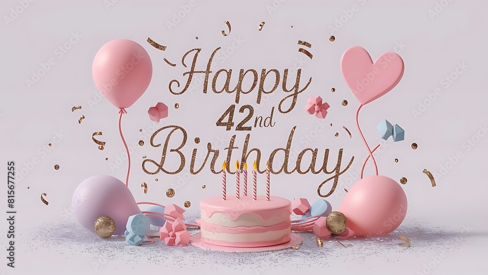 Minimalist 3D Happy 42nd Birthday Background With Balloons , Hearts ...