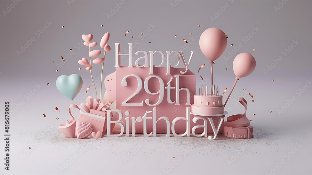 Minimalist 3D Happy 29th Birthday Background With Balloons , Hearts ...