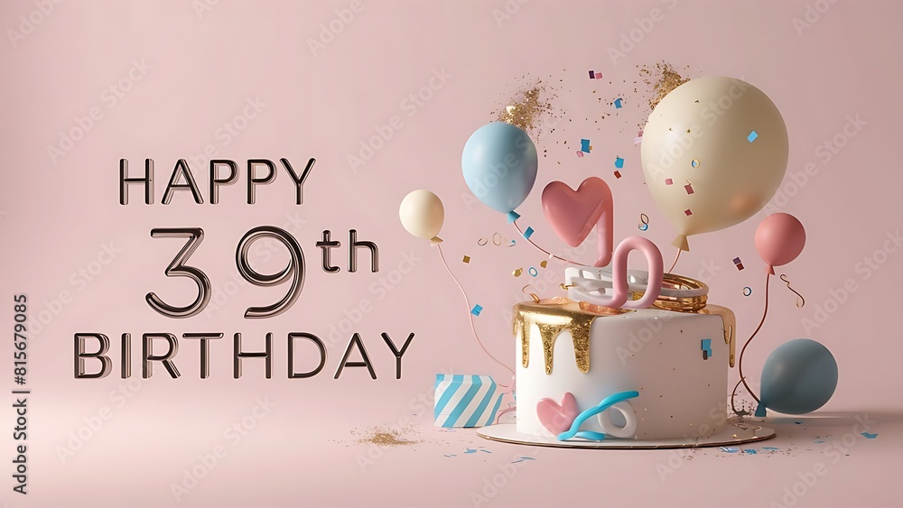 Minimalist 3D Happy 39th Birthday Background With Balloons , Hearts ...