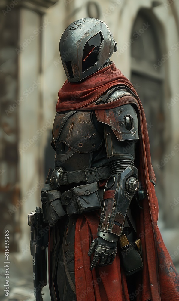 futuristic medieval robot in a long red cape standing on the medieval ...