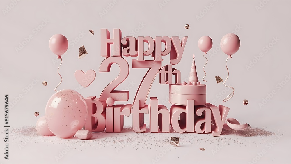 Minimalist 3D Happy 27th Birthday Background With Balloons , Hearts ...