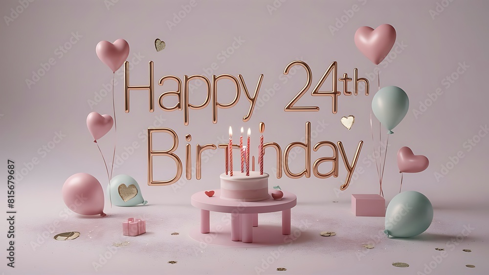 Minimalist 3D Happy 24th Birthday Background With Balloons , Hearts ...