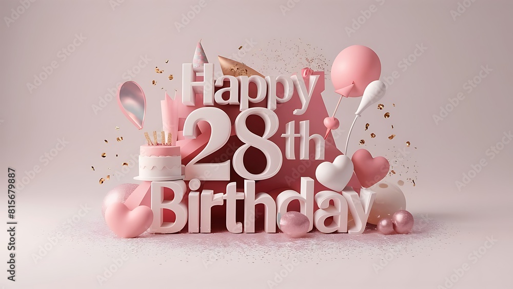Minimalist 3D Happy 28th birthday Background with Candles, Balloons ...