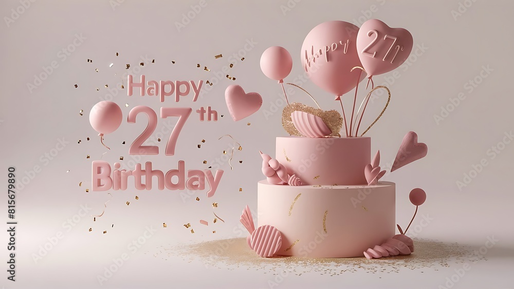 Minimalist 3D Happy 27th Birthday Background With Balloons , Hearts ...