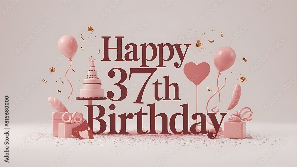 Minimalist 3D Happy 37th Birthday Background With Balloons , Hearts ...