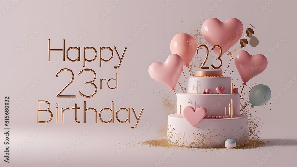 Minimalist 3D Happy 23rd Birthday Background With Balloons , Hearts ...