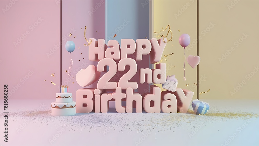 Minimalist 3D Happy 22nd Birthday Background With Balloons , Hearts ...