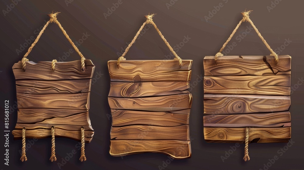 Set of wooden boards hanging on ropes with realistic wood texture ...