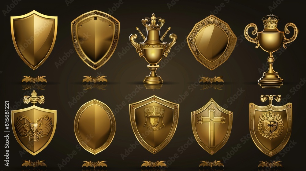 Modern icons set of shields, gold medieval knight ammo, guards with ...