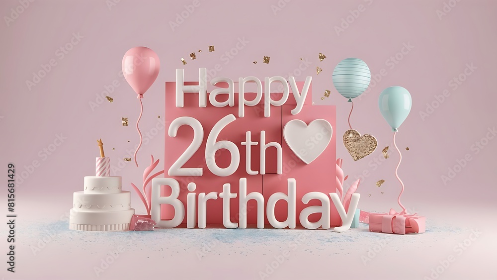 Minimalist 3D Happy 26th Birthday Background With Balloons , Hearts ...