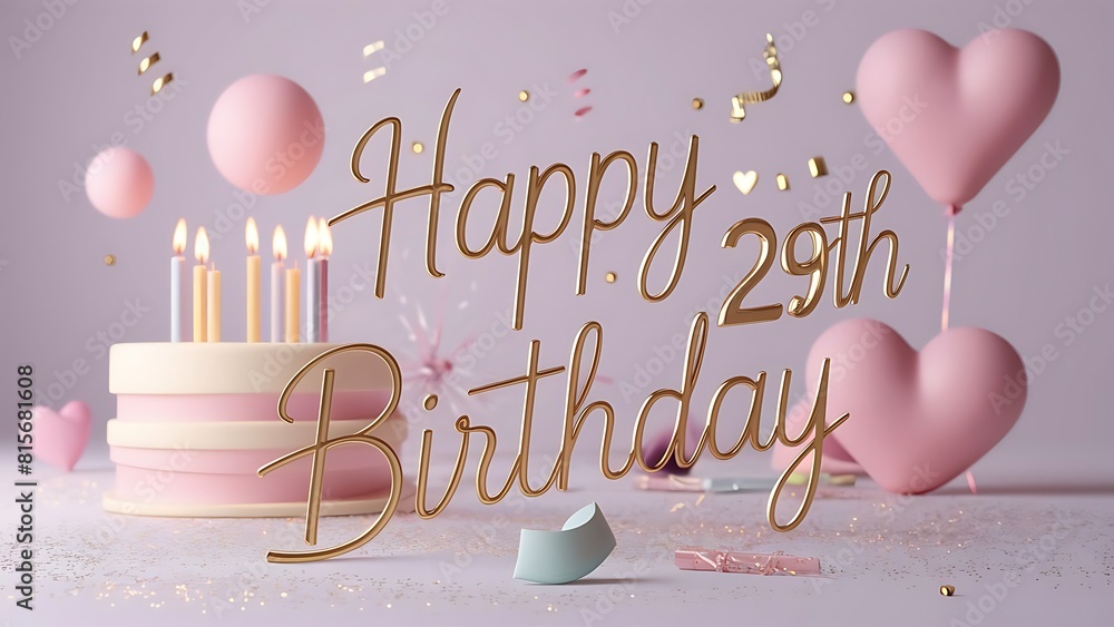 Minimalist 3D Happy 29th Birthday Background With Balloons , Hearts ...