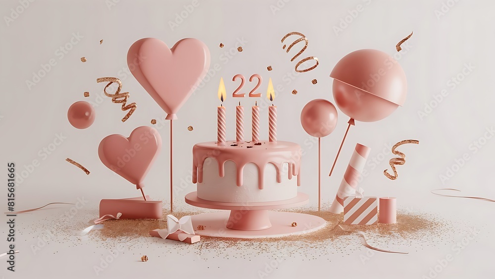 Minimalist 3D Happy 22nd Birthday Background With Balloons , Hearts ...