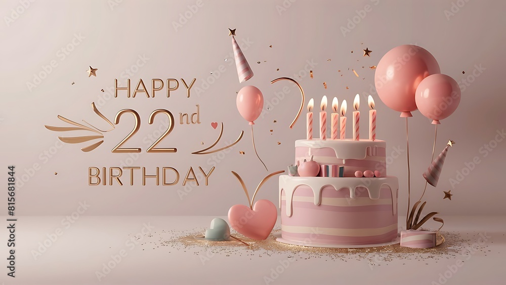 Minimalist 3D Happy 22nd Birthday Background With Balloons , Hearts ...