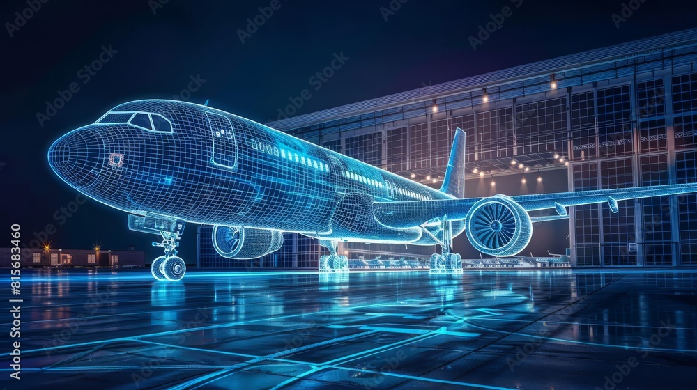 Digital aviation scene with an airplane and hangar illustrated using ...