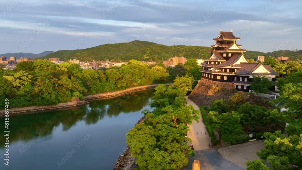 beautiful traditional samurai castle at the river in Japan, aerial view ...