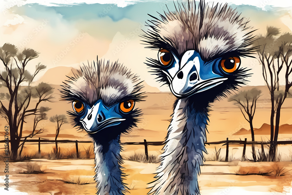 A whimsical Emu cartoon illustration, perfect for children's books ...
