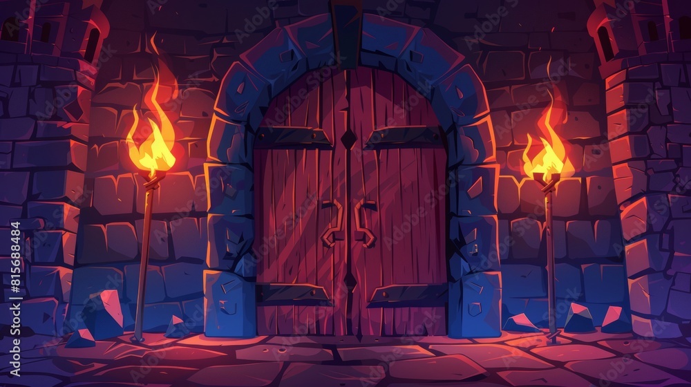 An old wood gate in a stone wall with flaming torches at night. Cartoon ...