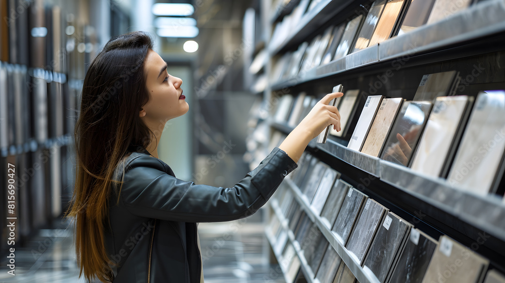 Happy brunette female interior designer choosing flooring tile color ...