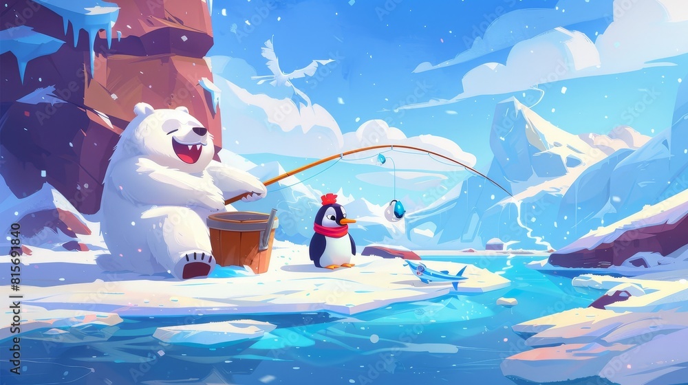 The cute wild animals characters sit on an ice floe near a hole ...