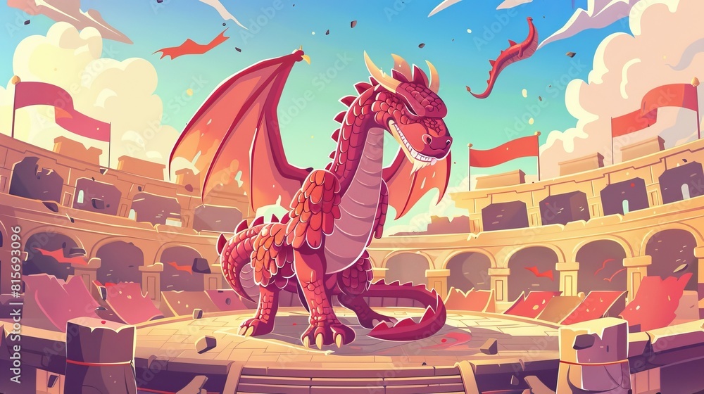 Dragon on ancient arena with stone columns, flags, and scary magic ...