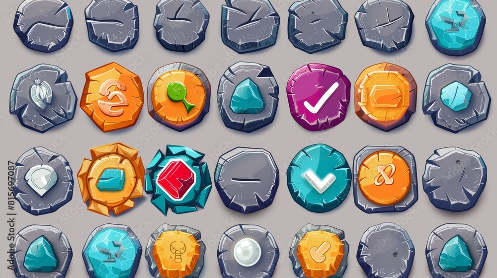 A set of circle rock buttons with arrows, sound, check and cross marks ...