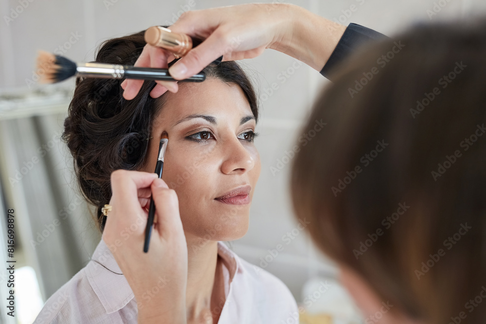Bride, woman and makeup from stylist for wedding as artist, cosmetics ...
