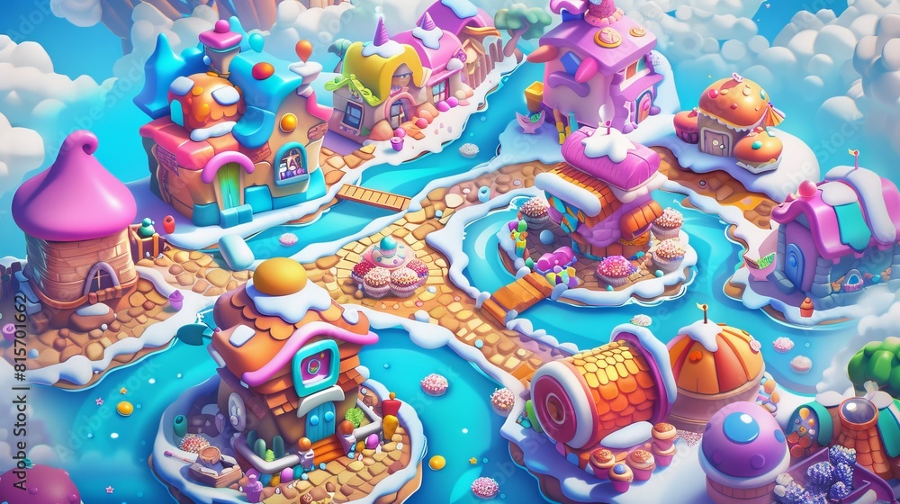 Mobile game map with cookie houses, chocolate river, muffin and ...