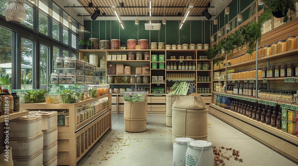 A zero-waste grocery store interior, with bulk bins, reusable ...