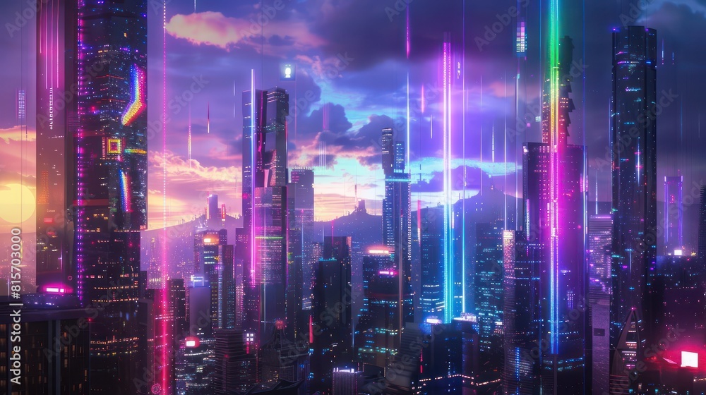 A futuristic cyberpunk cityscape with holographic projections of ...