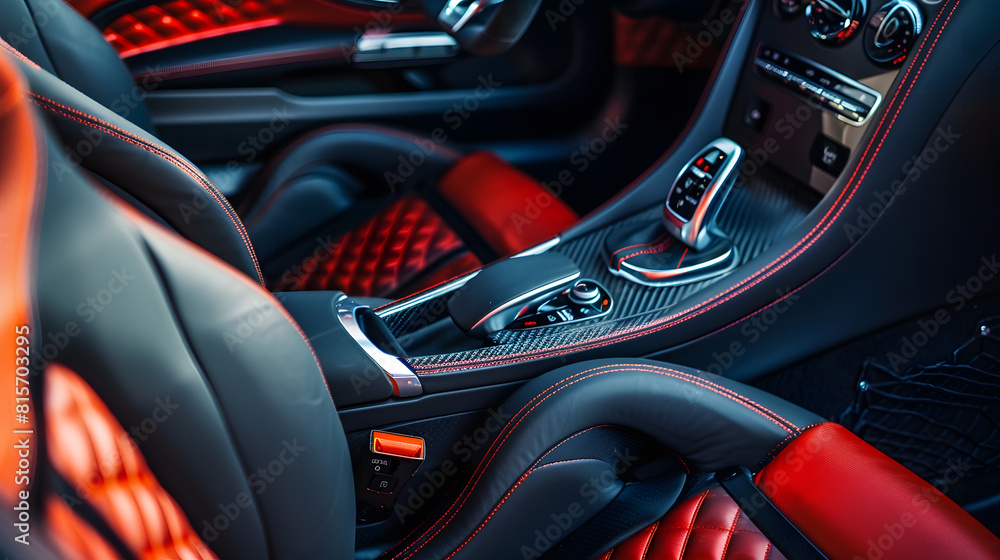 High angle view of luxury sport car front passenger seat and detail ...